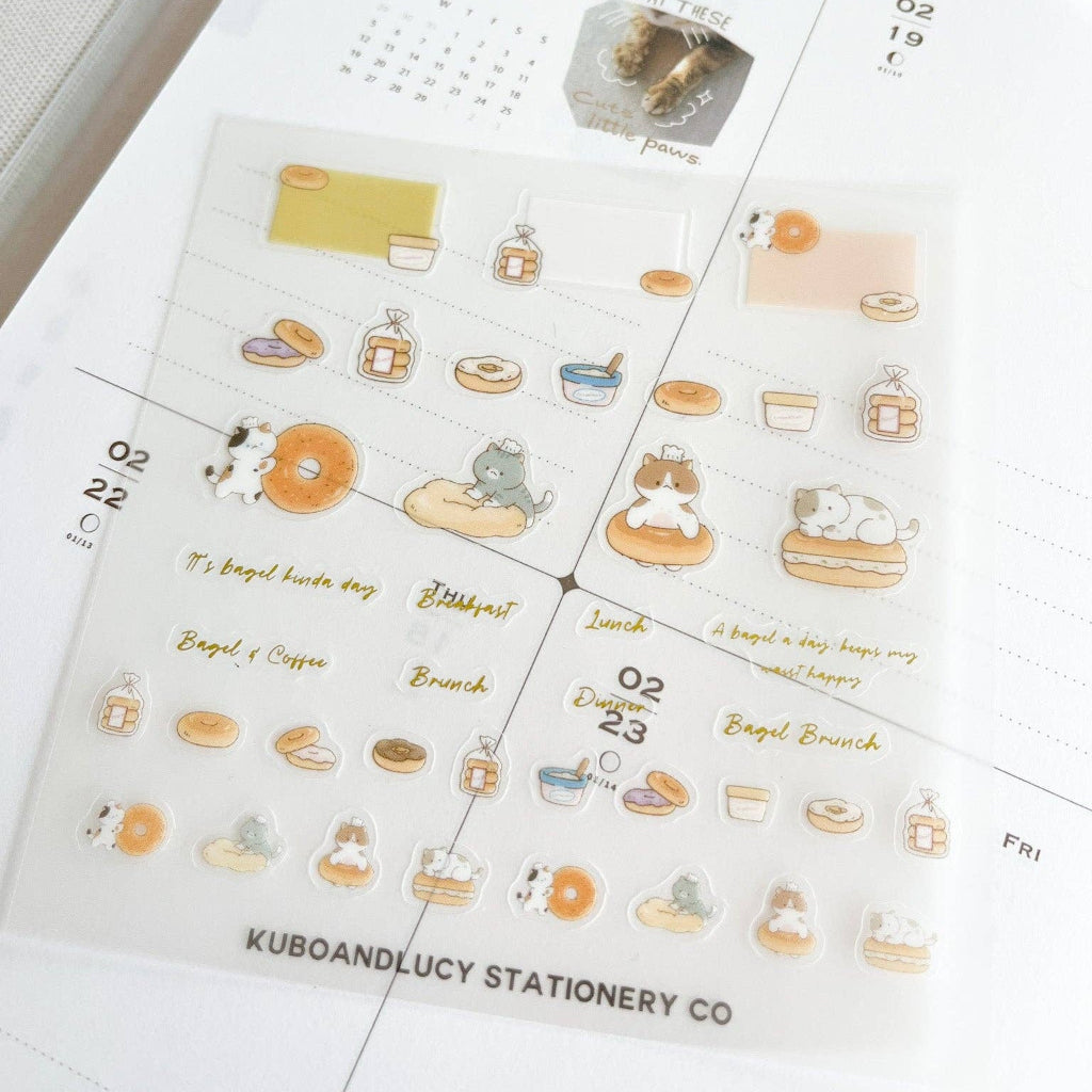 Kuboandlucy Bagel Cat Sticker Sheet, Clear Matte